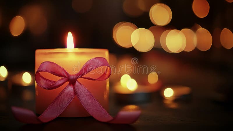 A Single Lit Candle with a Pink Ribbon Bow Stock Illustration ...