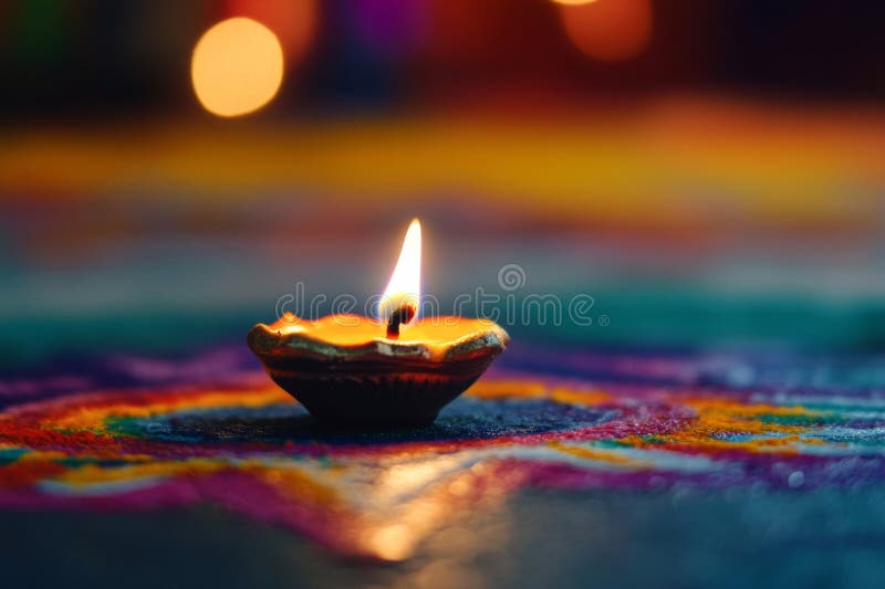A Single Lit Diya on a Colorful Rangoli Design Stock Illustration ...
