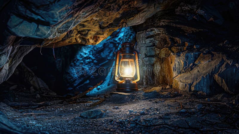 A Single Lit Lantern in a Dark Cave, Providing Some Light Stock Photo ...