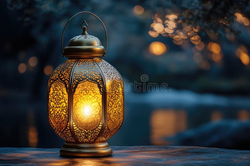 A Single Lit Lantern Placed on Top of a Table with a Warm Glow Stock ...