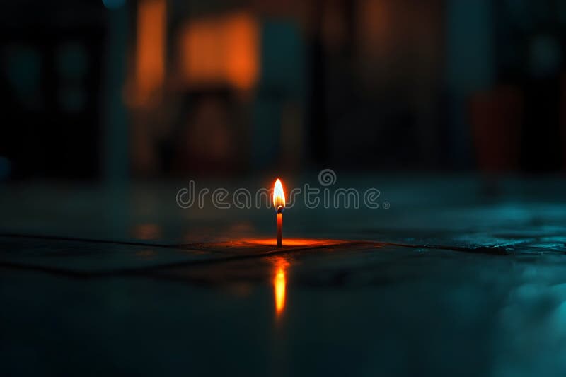 Single Lit Matchstick in Dark Room with Reflections and Dim Ambient ...