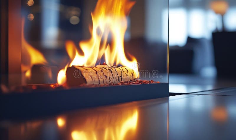 A Single Log Burning in a Modern Indoor Fireplace Stock Image - Image ...