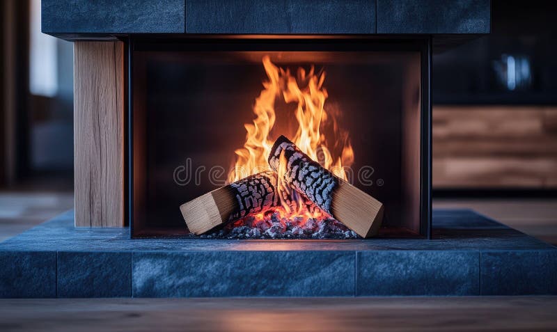 A Single Log Burning in a Modern Indoor Fireplace Stock Photo - Image ...