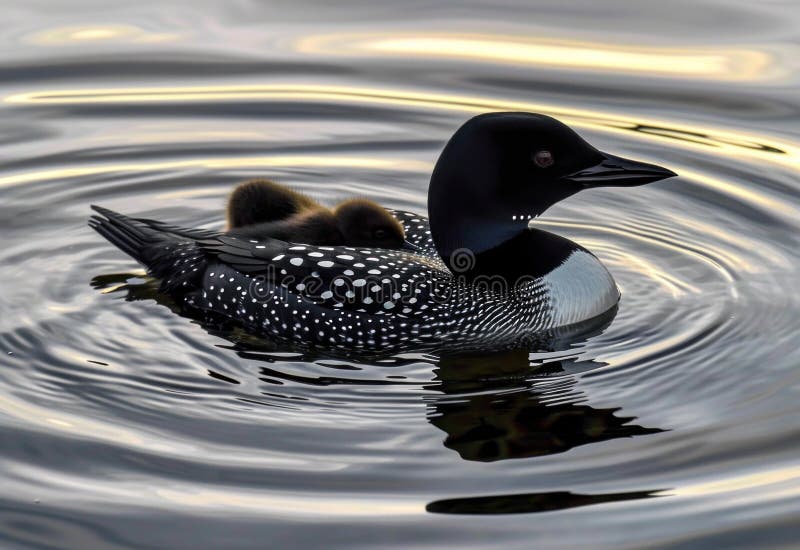Single Loon with Young Floating on Its Back in the Water Stock Photo ...