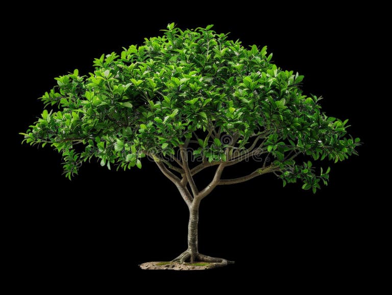 A Single, Lush Green Tree with Spreading Branches Isolated on a Black ...