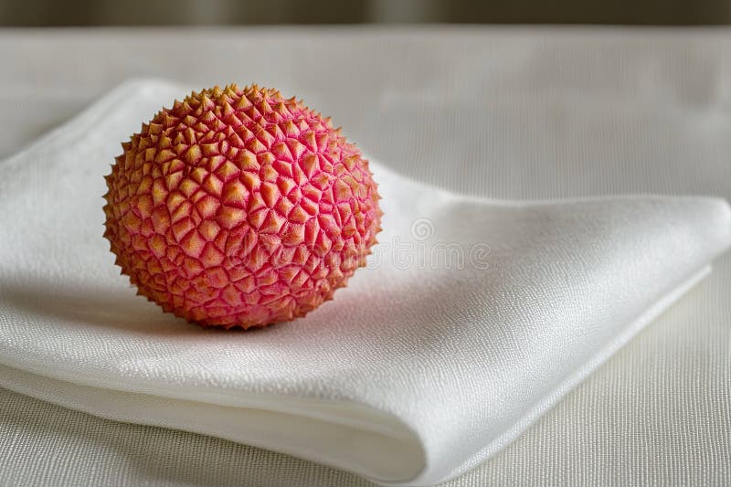 A Single Lychee Fruit Placed on a Clean White Napkin with Soft Natural ...