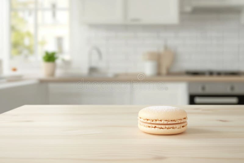 A Single Macaron Sits on a Wooden Table, Ready for Consumption Stock ...