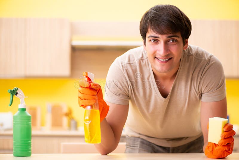 The Single Man Cleaning Kitchen at Home Stock Image - Image of hand ...
