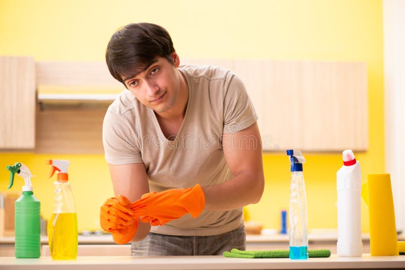 The Single Man Cleaning Kitchen at Home Stock Photo - Image of clean ...