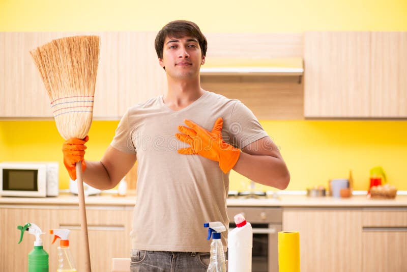 The Single Man Cleaning Kitchen at Home Stock Photo - Image of homework ...
