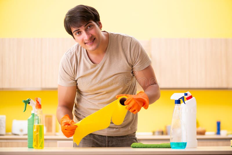The Single Man Cleaning Kitchen at Home Stock Image - Image of dishes ...