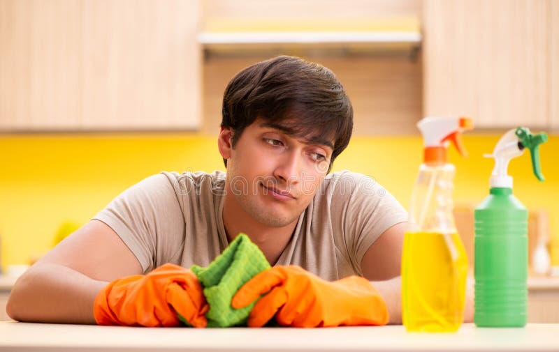 Single Man Cleaning Kitchen at Home Stock Image - Image of cleanliness ...