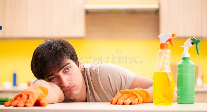 Single Man Cleaning Kitchen at Home Stock Photo - Image of fatigue ...