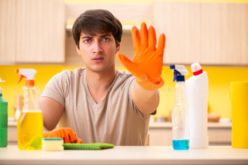 The Single Man Cleaning Kitchen at Home Stock Image - Image of husband ...