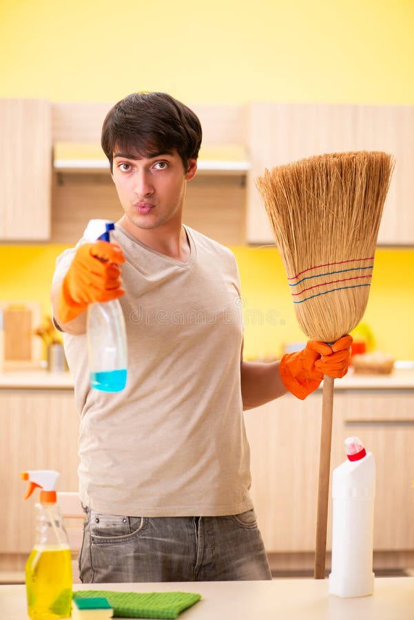 The Single Man Cleaning Kitchen at Home Stock Image - Image of applying ...