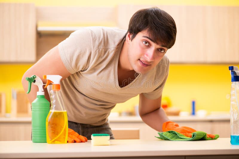 The Single Man Cleaning Kitchen at Home Stock Image - Image of bottle ...