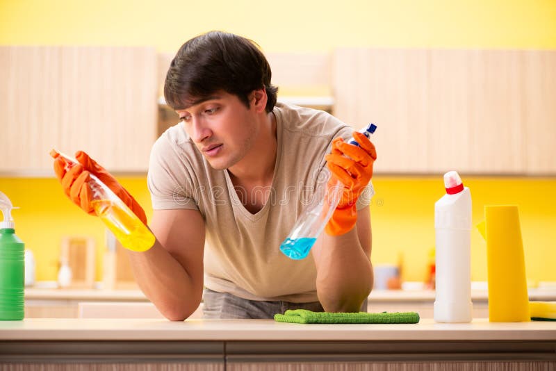 The Single Man Cleaning Kitchen at Home Stock Photo - Image of ...