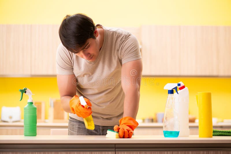 The Single Man Cleaning Kitchen at Home Stock Image - Image of ishing ...