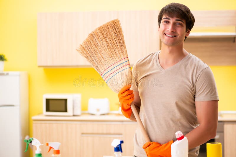 The Single Man Cleaning Kitchen at Home Stock Image - Image of floor ...