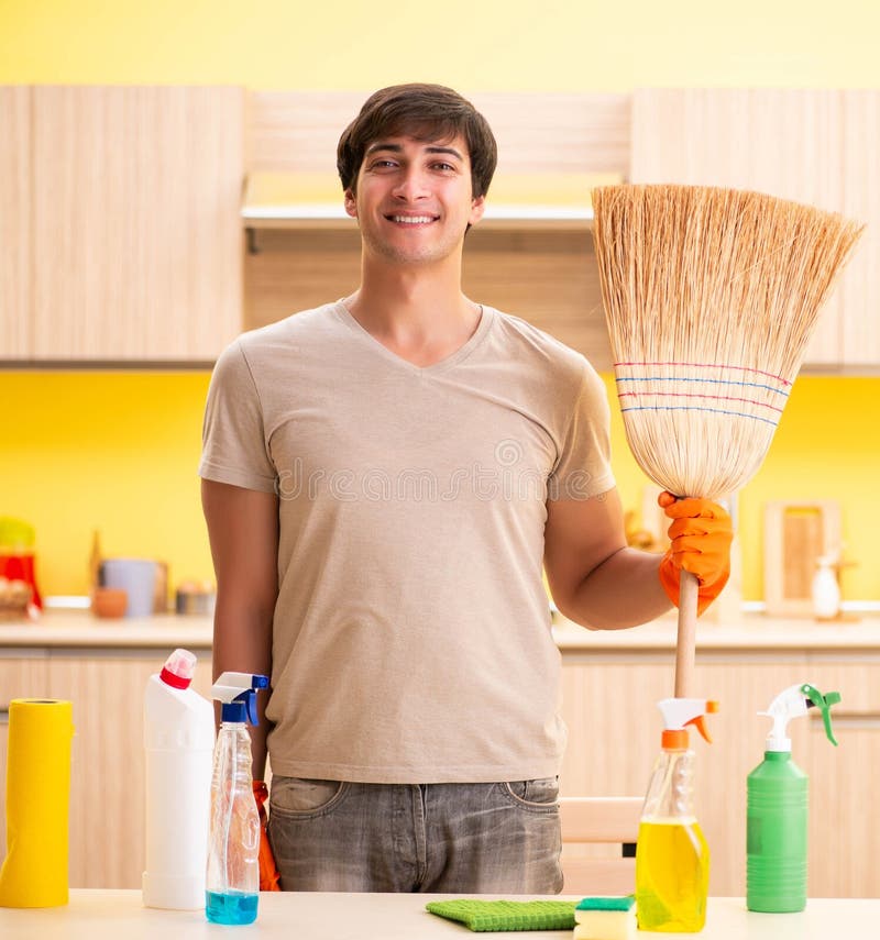 Single Man Cleaning Kitchen at Home Stock Photo - Image of excited ...