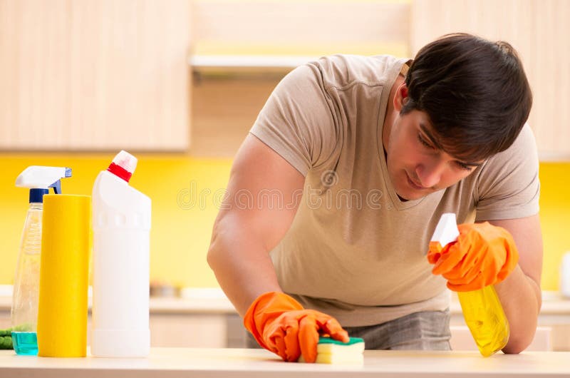 Single Man Cleaning Kitchen at Home Stock Image - Image of housekeeping ...