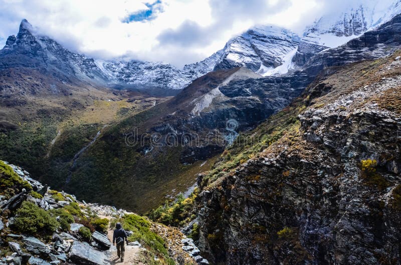 Single Man Hike in Snow Mountain Stock Photo - Image of highland ...