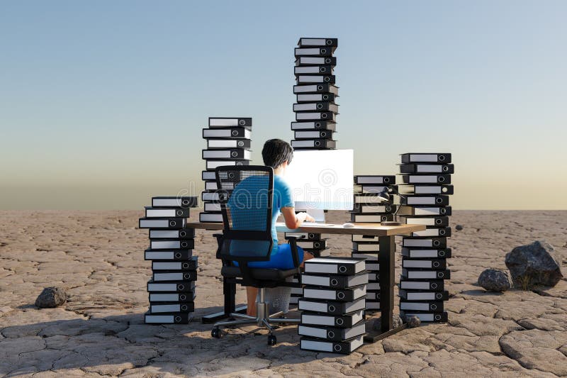 Single Man Sitting at Pc Office Workplace in Desert Environment with ...