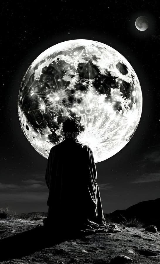 Single Man Sitting on Planet and Looking at Big Moon Stock Illustration ...