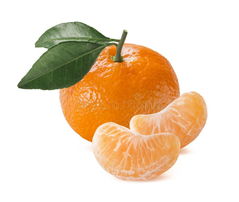 Single Mandarin with Leaves and Slices on White Stock Photo - Image of ...