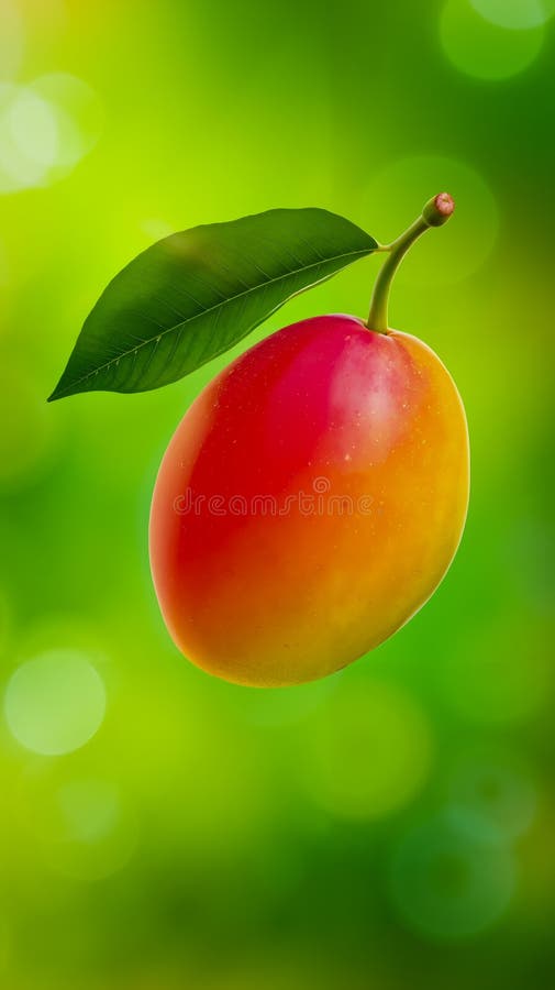 A Single Mango with a Green Leaf on a Green Background Stock ...
