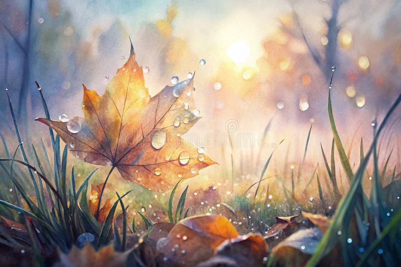 A Single Maple Leaf Adorned with Dew Drops in the Soft Light of Dawn ...