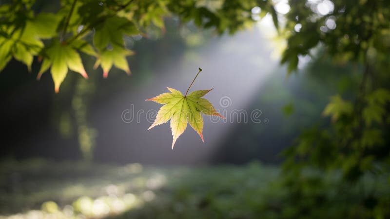 A Single Maple Leaf Floating in Sunlight with Dramatic Light Rays and ...