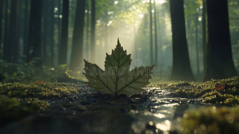 Single Maple Leaf in Misty Forest Sunlight Stock Illustration ...