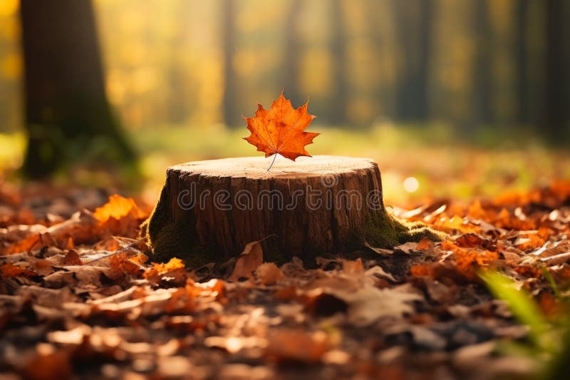 Single Maple Leaf on a Tree Stump Surrounded by Fallen Leaves. Serene ...