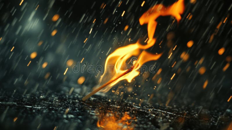 Single Matchstick Burning in Rain Creating Stark Contrast of Fire and ...
