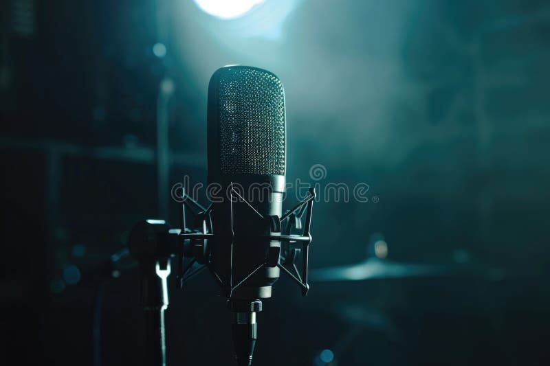 A Single Microphone in a Dark Room with a Spotlight Shining on it Stock ...