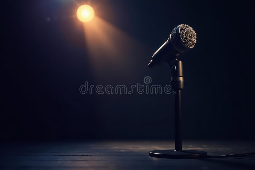 Single Microphone on Dark Stage, Spotlight Ready , Single, Dark Stock ...