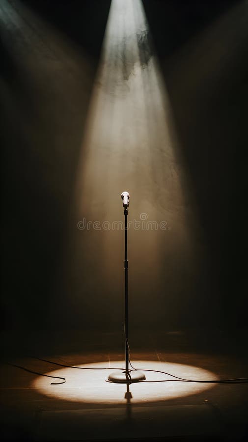 Single Microphone Stand Under Spotlight on a Dimly Lit Stage, Creating ...