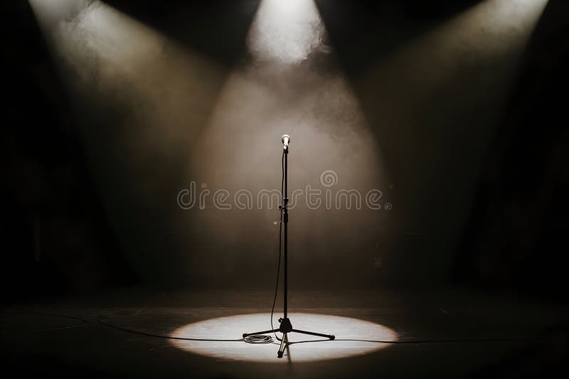 Single Microphone Stand Under Spotlight on a Dimly Lit Stage, Creating ...