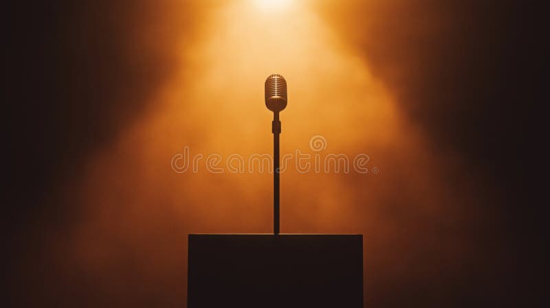 Empty Microphone Awaits Speaker Under Warm Spotlight in Dim Space Stock ...