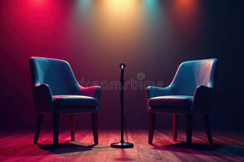 Single Microphone between Two Empty Chairs on Stage , Setup, Podium ...