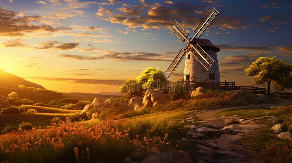 A Single Mill, Illuminated by the Rays of the Setting Sun, in a ...