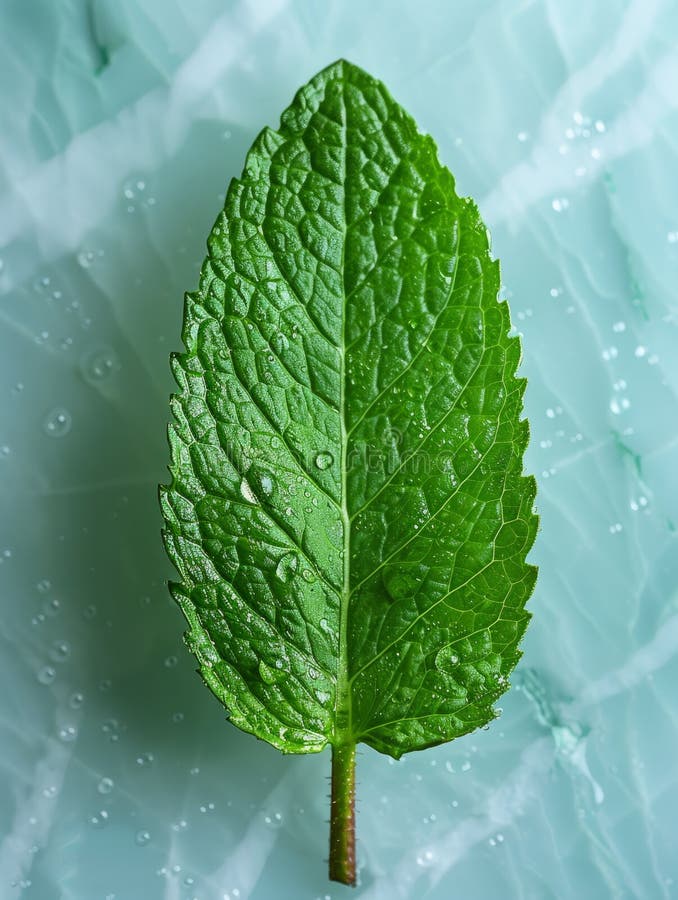 Single Mint Leaf with Water Droplets on a Blue Surface Stock Photo ...