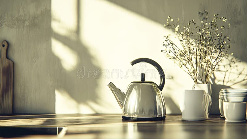 A Single Modern Tea Kettle Styled in a Clean, Neutral-toned Kitchen ...