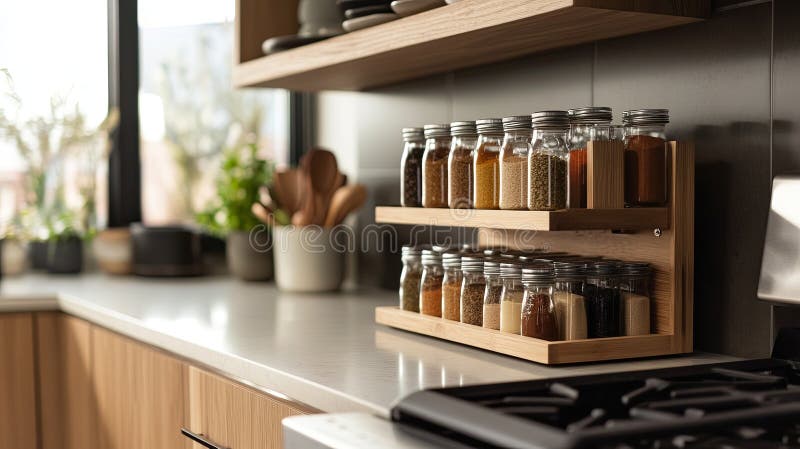 A Single Modular Spice Rack Styled in a Modern Kitchen with Natural ...