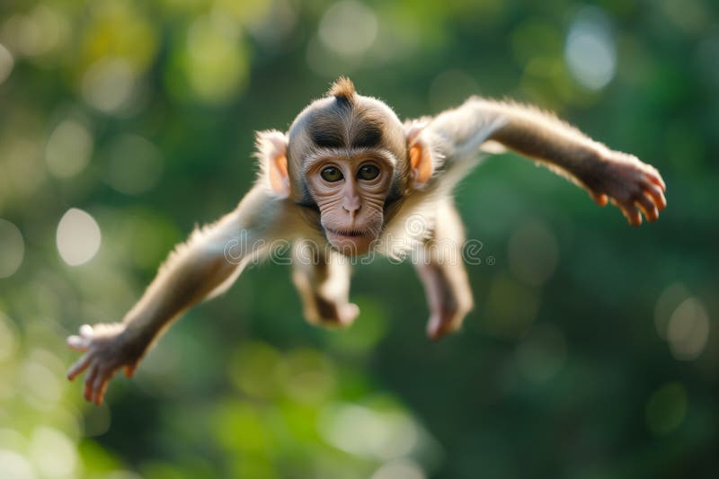 Single Monkey or Macaca Jumping in a Flying Position. it Leaping Floats ...