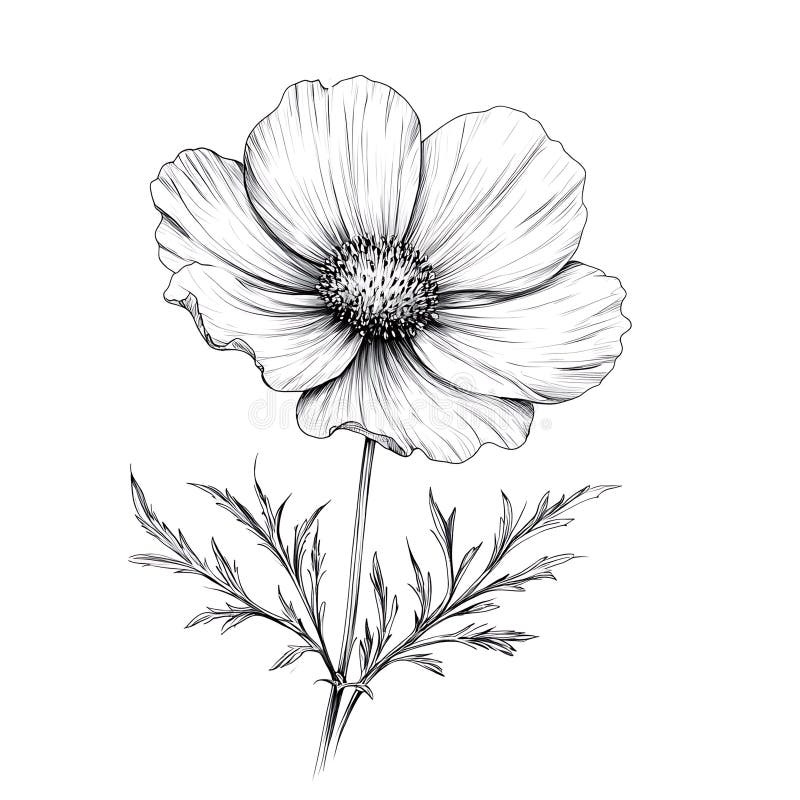 Single Monochrome Cosmos Flower Drawing Stock Illustration ...