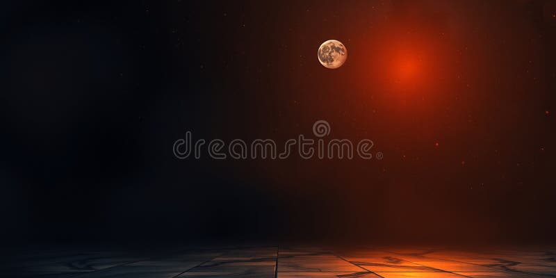A Single Moon Hangs in a Fiery Sky Stock Illustration - Illustration of ...