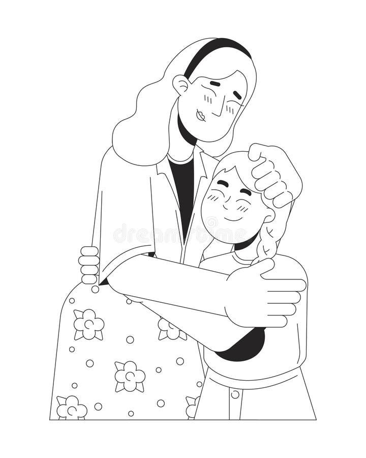 Single Mother Young Girl Embracing Black And White 2d Line Cartoon