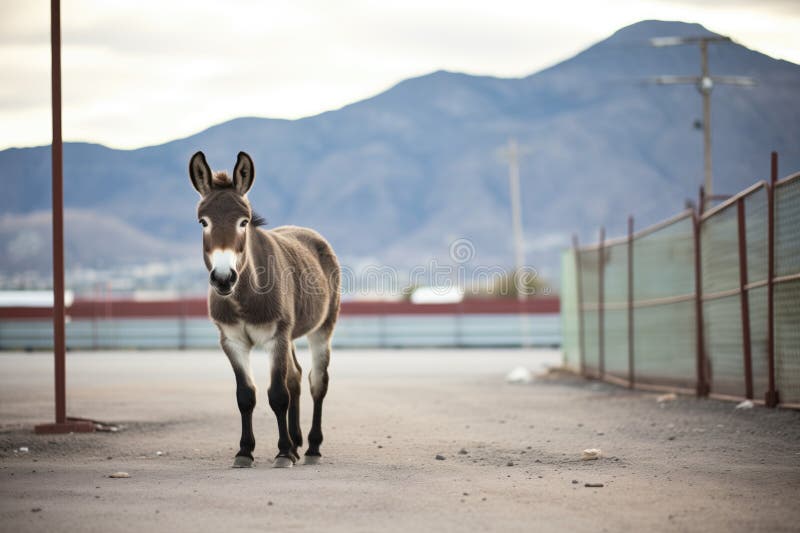 Single Mule Standing beside a Metal Fence with Mountains Behind Stock ...